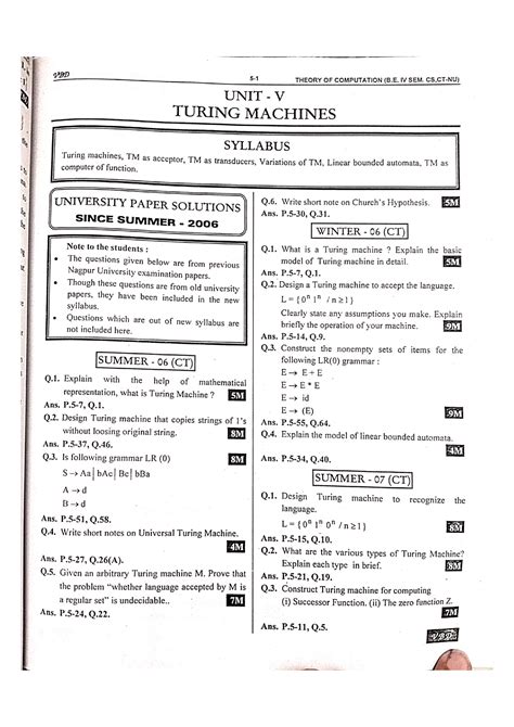 Toc Unit 5 Turing Machine Bachelor Of Computer Science Engineering