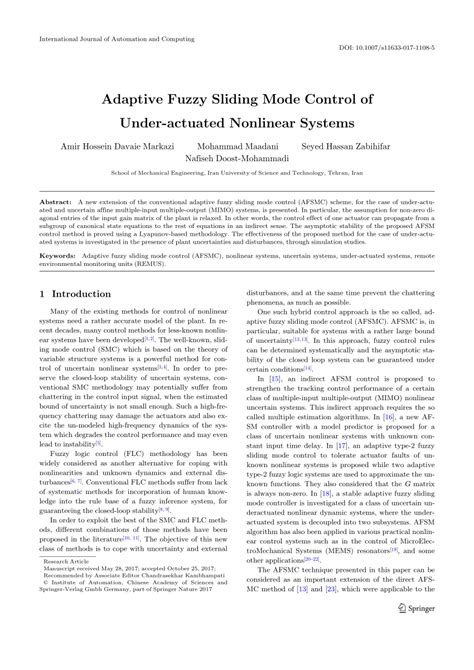 Pdf Adaptive Fuzzy Sliding Mode Control Of Under Actuated Nonlinear Systems