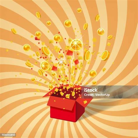 상자와 동전 Exploision 폭발 빨간 선물 상자 색종이 엽니다 승리 카지노 복권 퀴즈입니다 나선형 줄무늬 배경입니다 벡터