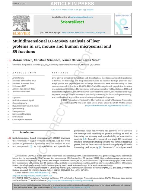 PDF Multidimensional LCMS MS Analysis Of Liver Proteins In Rat Mouse And Human Microsomal