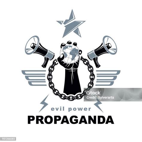 확성기로 구성 된 광고 전단지 제기 팔 지구를 보유 하 고 체인으로 둘러싸여 벡터 일러스트 레이 션 심리 전쟁의 방법으로 서