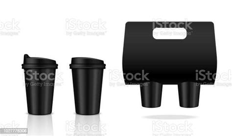 받아 홈 배경 그림에 대 한 현실적인 커피 블랙 컵 포장 제품 및 종이 캐리어를 모의 개체 그룹에 대한 스톡 벡터 아트 및 기타 이미지 개체 그룹 검은색 공란
