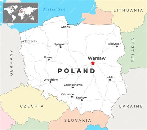 폴란드 정치 지도 수도 바르샤바 가장 중요한 도시 및 국경 프리미엄 벡터