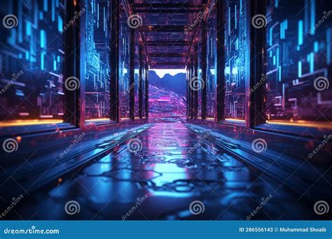Glowing Futuristic Gateway Binary Code Enters Through Neon Lit Open Door Stock Illustration