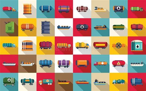 Gasoline Tanker Icons Set Flat Vector Oil Ship Fuel Stock Illustration