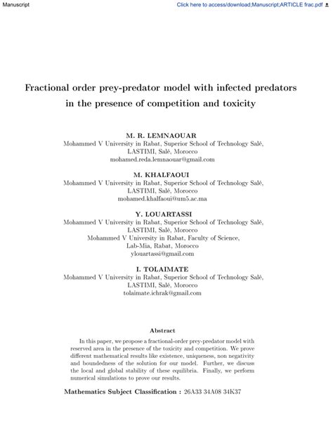 Pdf Fractional Order Prey Predator Model With Infected Predators In The Presence Of
