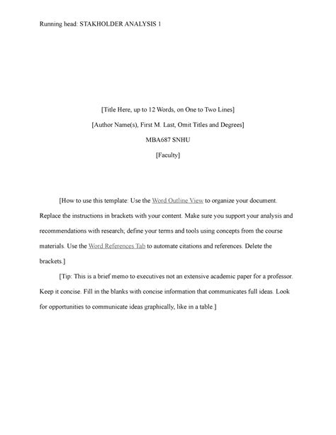 Wk 2 Memo Week 2 Memo Outline Running Head Stakholder Analysis 1 [title Here Up To 12