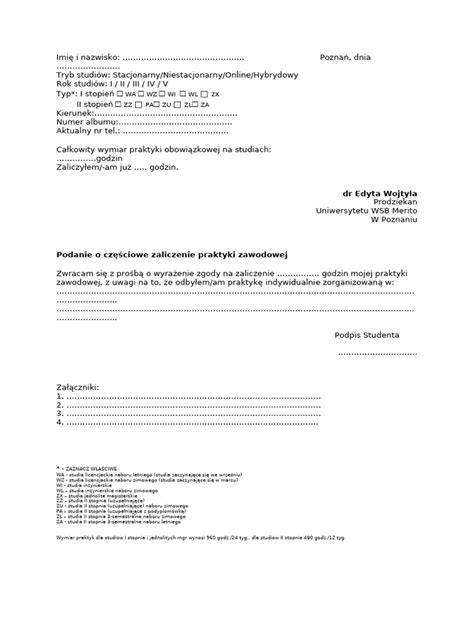 Podanie O Częściowe Zaliczenie Praktyki Indywidualnie Zorganizowana