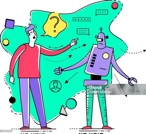 프리젠 테이션 웹 방문 페이지 인포 그래픽을위한 플랫 일러스트 디자인 로봇과 이야기하는 만화 캐릭터 남자 로봇이 아니라는 것을 증명하십시오 금융에 대한 스톡 벡터 아트 및