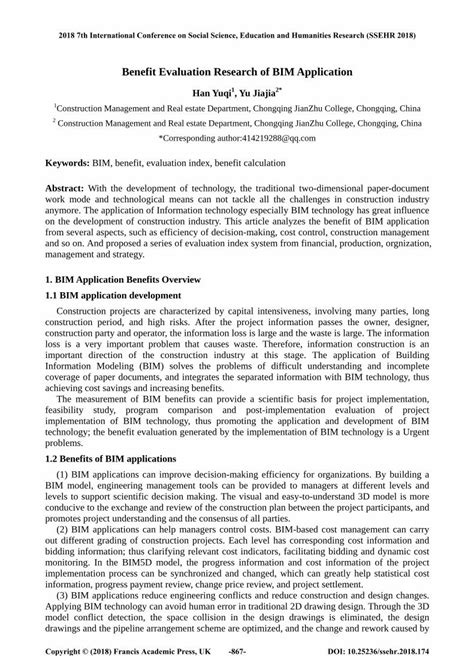 Pdf Benefit Evaluation Research Of Bim Application · Bim Based Cost Management Can Carry