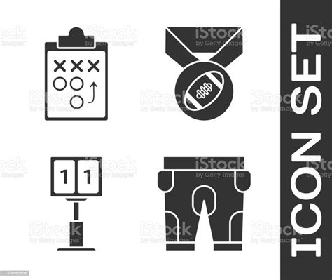 미식 축구 반바지 계획 전략 개념 스포츠 축구 기계 점수 판 및 결과 표시 및 메달 아이콘이있는 미식 축구 공을 설정합니다 벡터 경기 스포츠에 대한 스톡 벡터 아트 및 기타