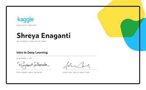 shreya enaganti completed the intro to deep learning course on kaggle