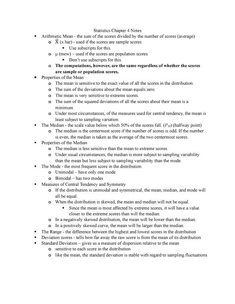 Statistics Chapter 4 Notes Statistics Chapter 4 Notes Arithmetic Mean The Sum Of The Scores