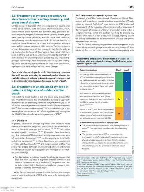 2018 Esc Guidelines For The Diagnosis And Management Of Syncope Pdf