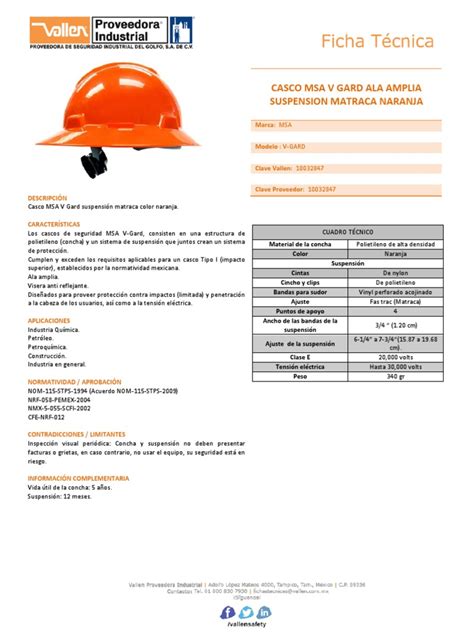 Ficha Técnica Casco Msa V Gard Naranja Pdf Casco