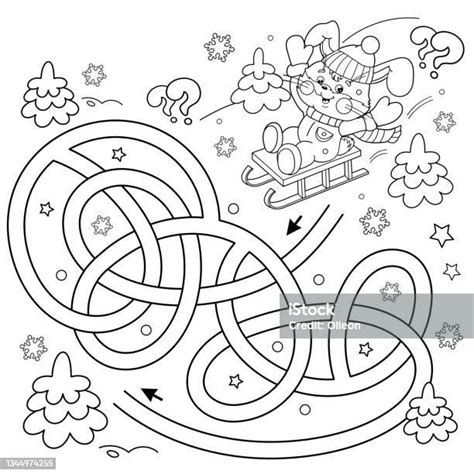 미로 또는 미로 게임 수수께끼 얽힌 도로 색칠 페이지 개요 만화 행복 토끼 썰매 겨울 활동 아이들을위한 색칠 공부책 0명에 대한 스톡 벡터 아트 및 기타 이미지 Istock
