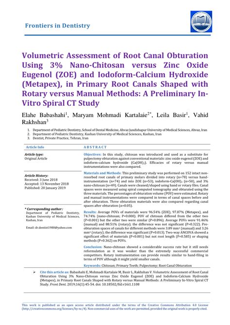 Pdf Volumetric Assessment Of Root Canal Obturation Using 3 Nano Chitosan Versus Zinc Oxide