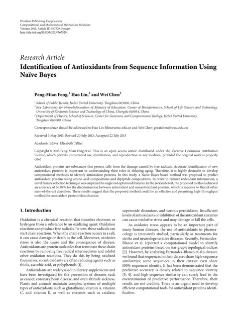 Pdf Identification Of Antioxidants From Sequence Information Using Naïve Bayes