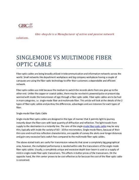 Singlemode Vs Multimode Fiber Optic Cable Pdf