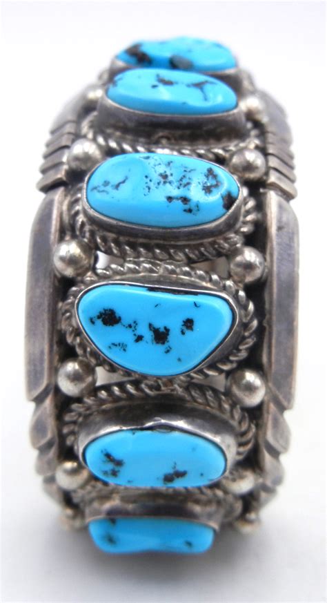 Navajo Vintage Turquoise And Sterling Silver Row Cuff Bracelet