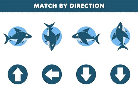 귀여운 만화 상어 인쇄 가능한 수중 워크시트의 왼쪽 오른쪽 위 또는 아래 방향으로 어린이를 위한 교육 게임 프리미엄 벡터