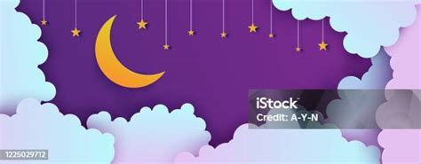 종이 컷 스타일의 밤 하늘 별과 달 종이 컷 예술 보라색과 파란색 그라데이션 흐린 풍경3d 배경을 잘라 귀여운 종이 접기 구름입니다 소원 좋은 밤 달콤한 꿈을위한 벡터