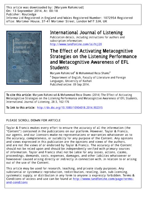 Pdf The Effect Of Activating Metacognitive Strategies On The Listening Performance And