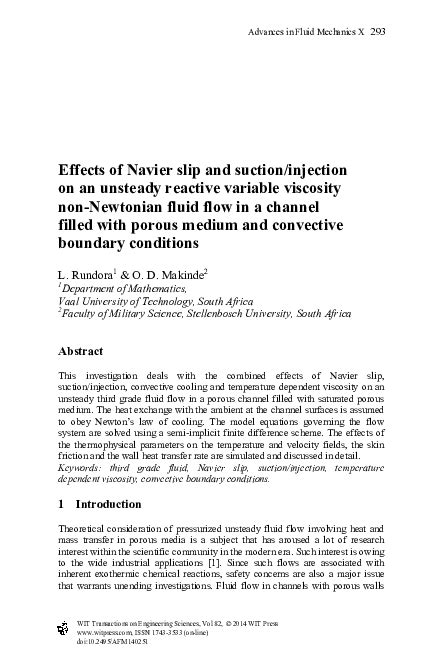 Pdf Effects Of Navier Slip And Suctioninjection On An Unsteady Reactive Variable Viscosity