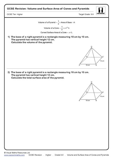 Volume And Surface Area Of Cones And Pyramids Gcse Questions Gcse Revision Questions