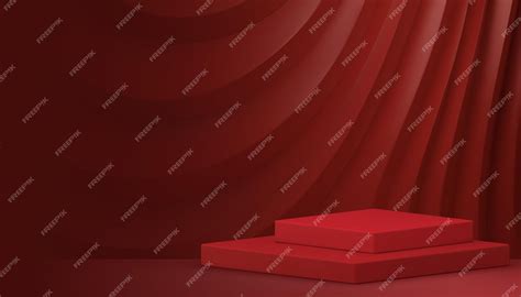 빨간색 3d 포디움 기단 실크 파동 곡선 동적 부드러운 흐름 효과 벽 배경 현실적인 터 프리미엄 벡터