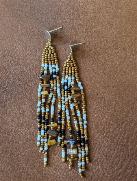 Brown Black White Seed Bead Dangle Earrings Fringe Native