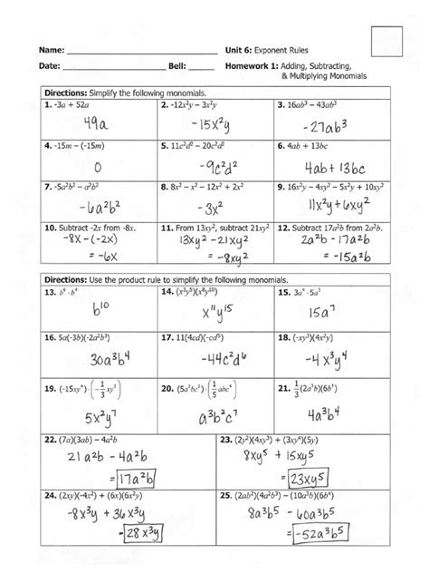 Algebra 1 Unit 6 Exponent S Exponential Functions Updated Homework Key