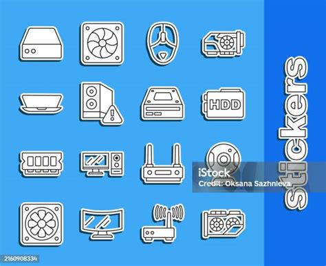 비디오 그래픽 카드 웹 카메라 하드 디스크 드라이브 Hdd 컴퓨터 마우스 컴퓨터 케이스 노트북 서버 데이터 호스팅 및 광 디스크 아이콘을 설정합니다 벡터 가능성에 대한 스톡
