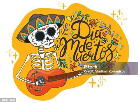 멕시코 휴일 죽은 자의 날의 벡터 손으로 그린 그림 전통적인 설탕 두개골 금잔화 꽃과 촛불 그리고 문자 디아 드 무에르토와 엽서 낮에 대한 스톡 벡터 아트 및 기타 이미지