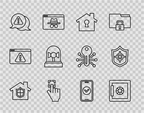 Set Line House Under Protection Safe Fingerprint Exclamation Mark