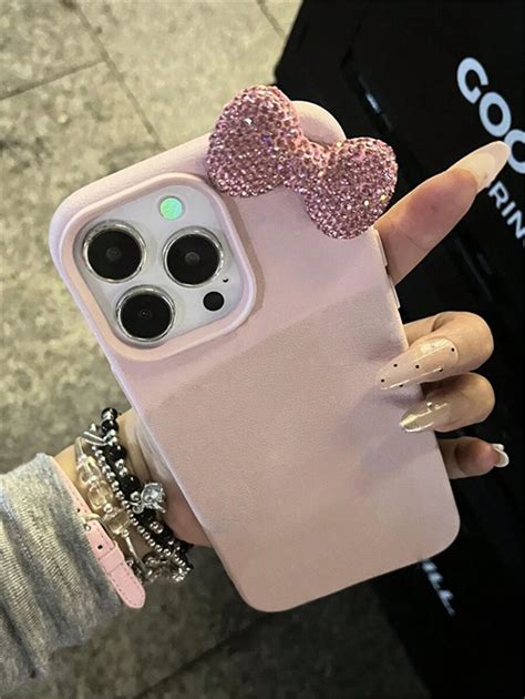 Luxury Rhinestone Bow Litchi Pattern Phone Case Compatible With Iphone