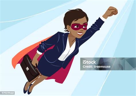 젊은 흑인 슈퍼 히어로 여자 비즈니스 슈트와 케이프 아쿠아 배경에 슈퍼 히어로 포즈에 공기를 통해 비행 벡터 만화 캐릭터 일러스트 레이 션 비즈니스 성과 목표 비즈니스에