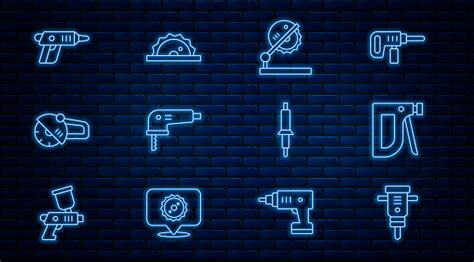 세트 라인 건설 착암기 스테이플러 목공용 테이블 톱 전기 퍼즐 앵글 그라인더 무선 드라이버 납땜 인두 및 원형 아이콘 벡터