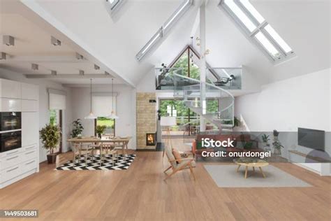 거실이 있는 현대적인 빌라 인테리어 개방형 주방 창문을 통한 정원 전망 거실에 대한 스톡 사진 및 기타 이미지 거실 집