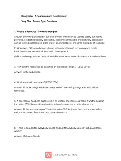 Geo 1very Short Answer Type Questions Pdf Resource Natural Environment