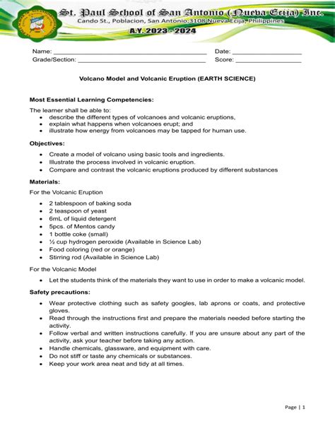 Volcano Model And Eruption Worksheet