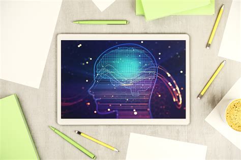 창조적 인 인간의 머리 미세 회로와 현대 디지털 태블릿 화면의 상단보기 미래 기술과 Ai 개념 3d 렌더링 기회에 대한 스톡