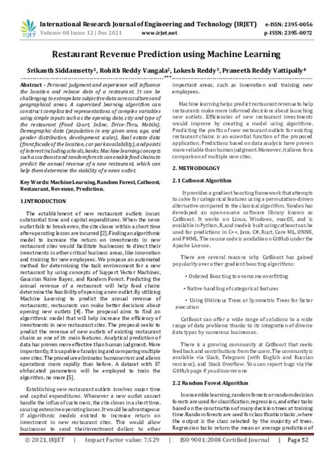 Pdf Irjet Restaurant Revenue Prediction Using Machine Learning