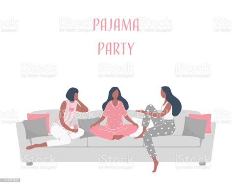 파자마 파티 잠옷을 입은 세 명의 청녀가 소파에 앉아 이야기를 나누고 있다 여자에 대한 스톡 벡터 아트 및 기타 이미지 여자