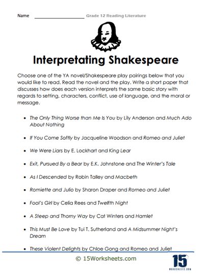 Reading Literature Comprehension Grade 12 Worksheets
