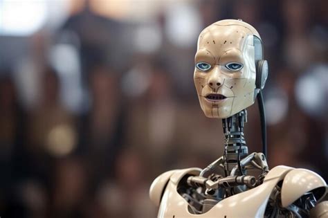 Premium Photo Employee Robot Walking With Peoples Humanoid Ai Robot