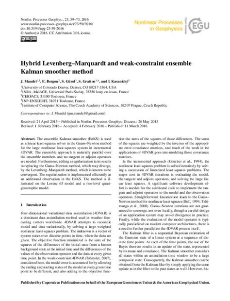 Pdf Hybrid Levenbergmarquardt And Weak Constraint Ensemble Kalman Smoother Method