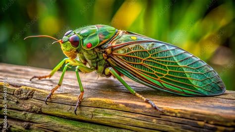 Vibrant Green Cicada Perches On A Weathered Wooden Fence Post Its