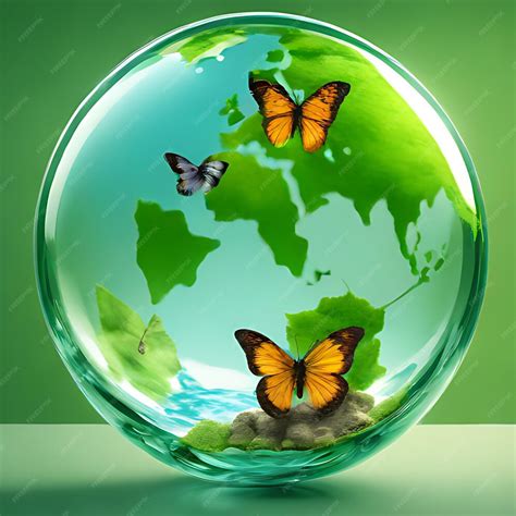 Premium Photo A Glass Globe With Butterflies And A Green Background