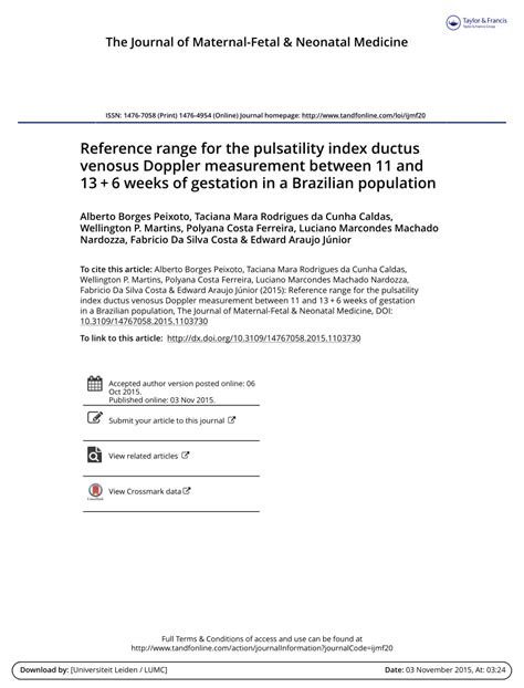 Pdf Reference Range For The Pulsatility Index Ductus Venosus Doppler Measurement Between 11